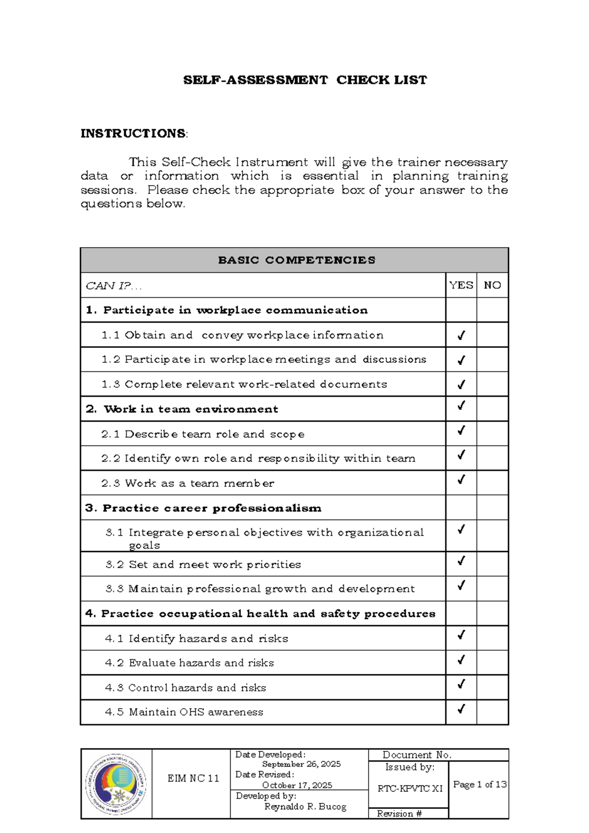EIM NC 11: Trainer's Methodology Checklist for Effective Training ...
