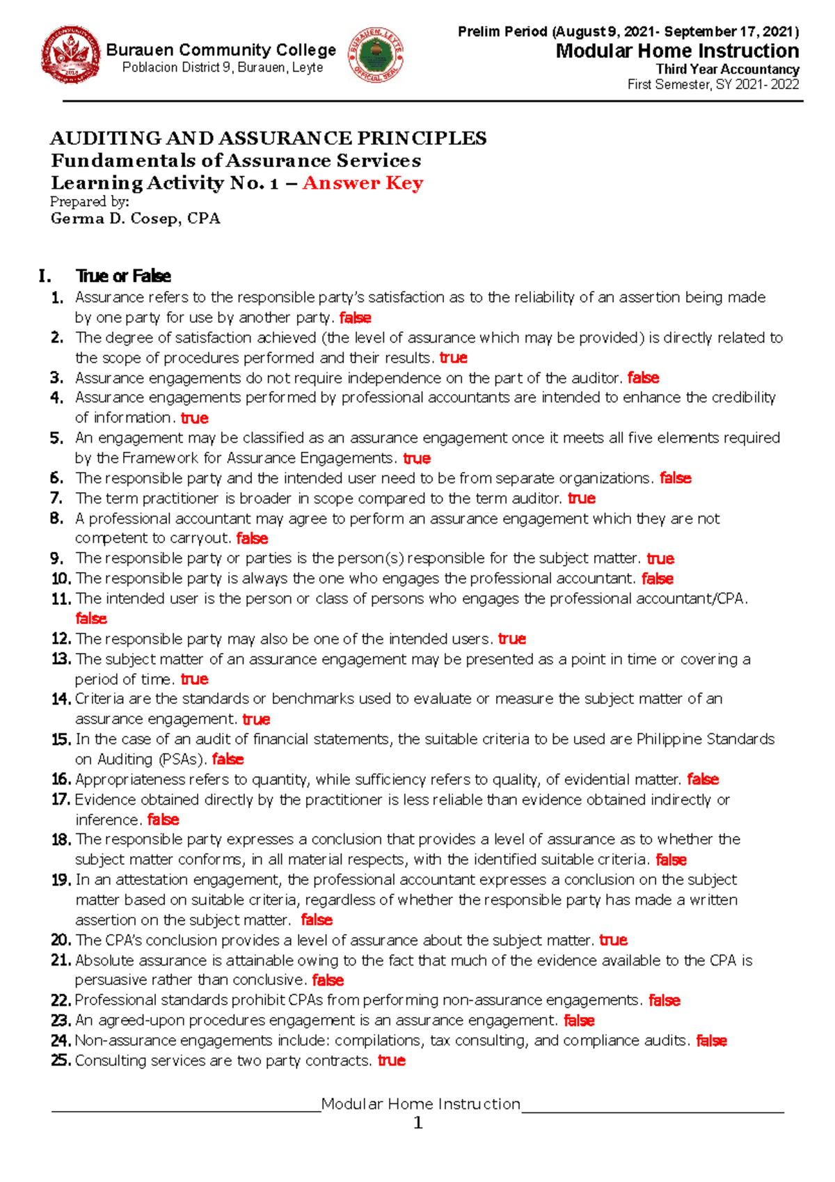 Auditing & Assurance Principles LA No. 1 - Answer Key & Q&A - Studocu