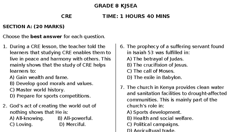 Grade 8 CRE Exam - Comprehensive Review and Practice Questions - Studocu