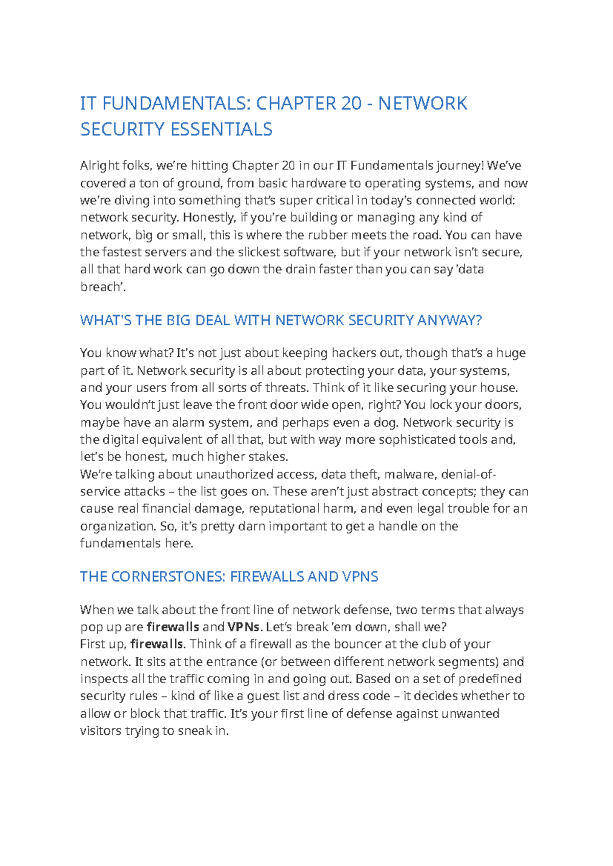 IT FUNDAMENTALS: CHAPTER 20 NETWORK SECURITY REVIEW - Studocu