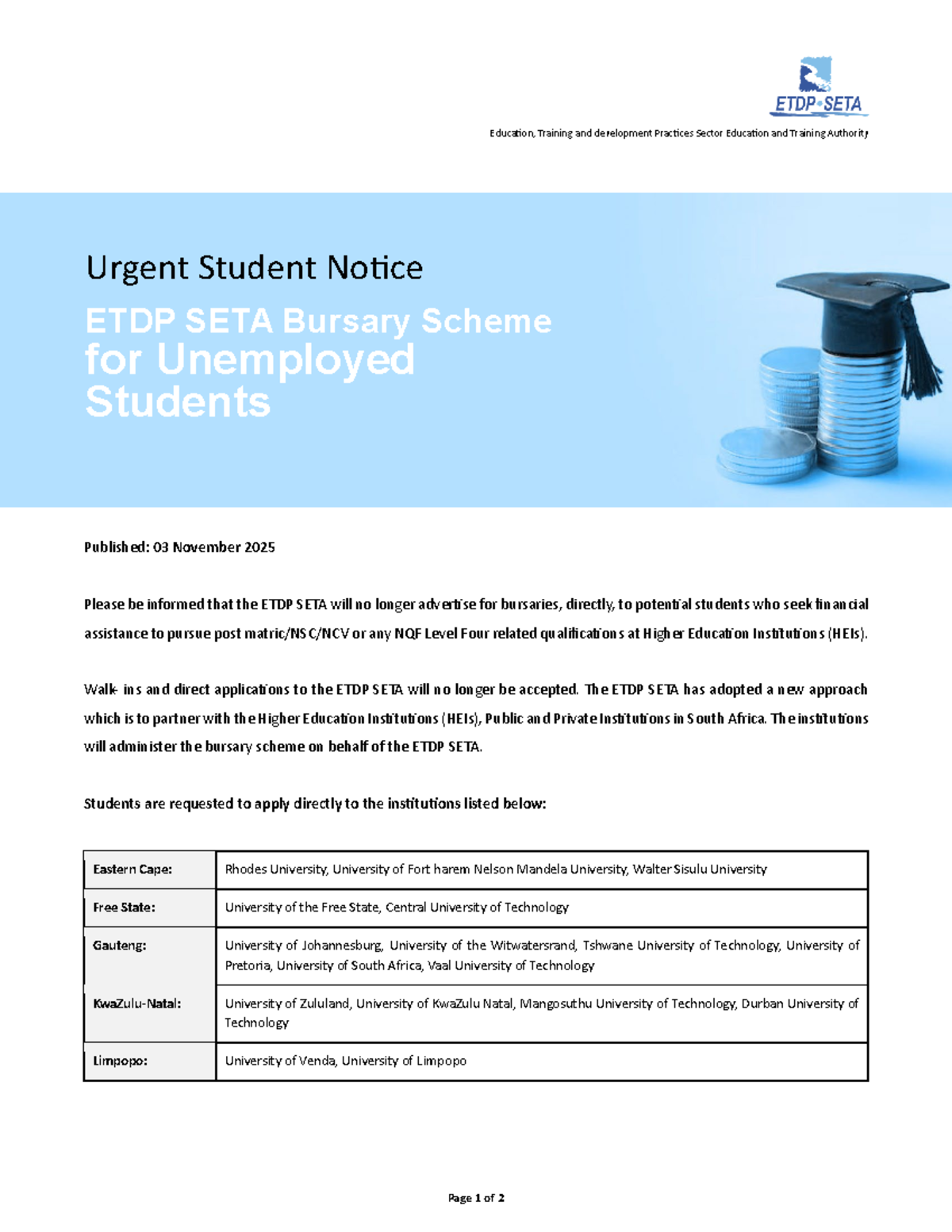 2025 Urgent Notice: ETDP SETA Bursary Scheme for Students - Studocu