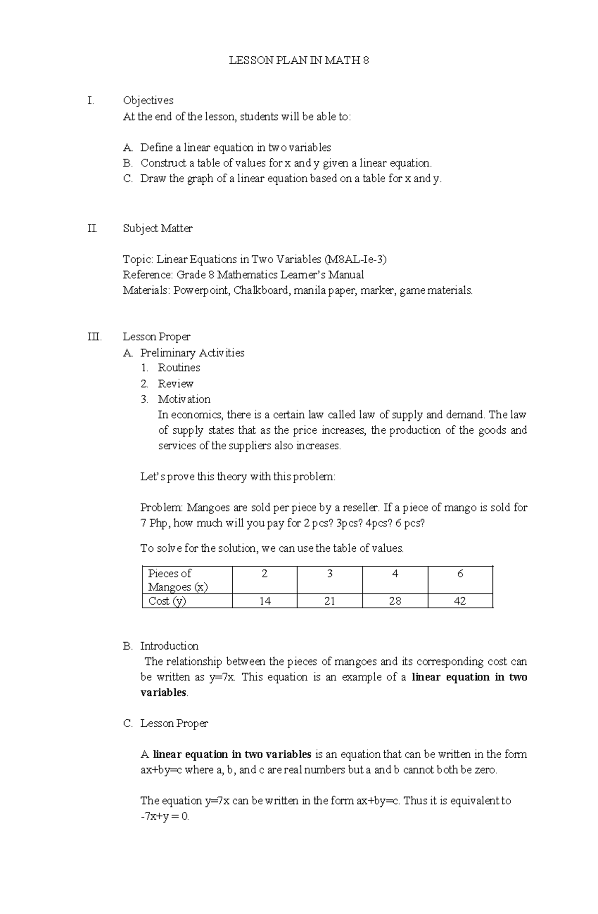 MATH 8 Lesson Plan: Understanding Linear Equations - Studocu