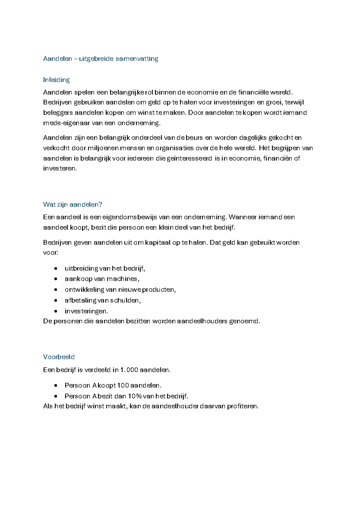 Aandelen - Uitgebreide Samenvatting en Belangrijke Inzichten - Studocu