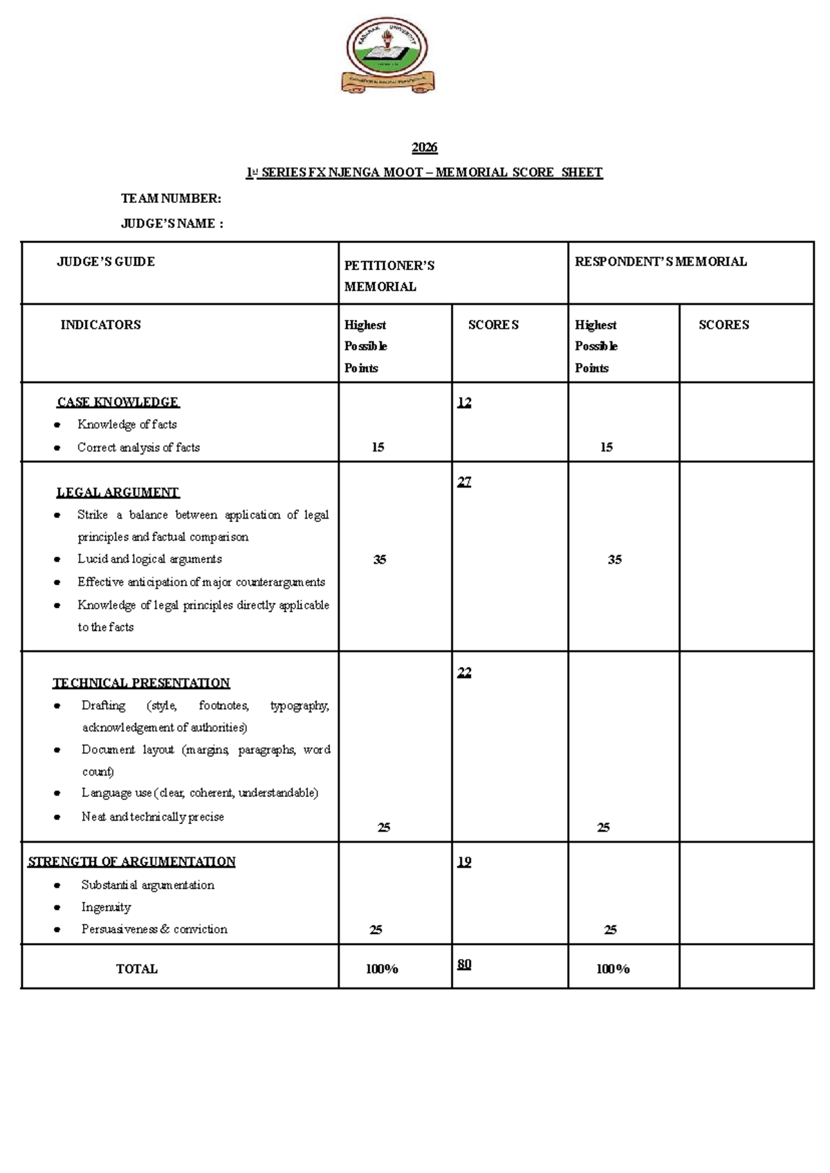 2026 ST 1 FX NJENGA Moot Memorial Score Sheet - Team 006 Review - Studocu