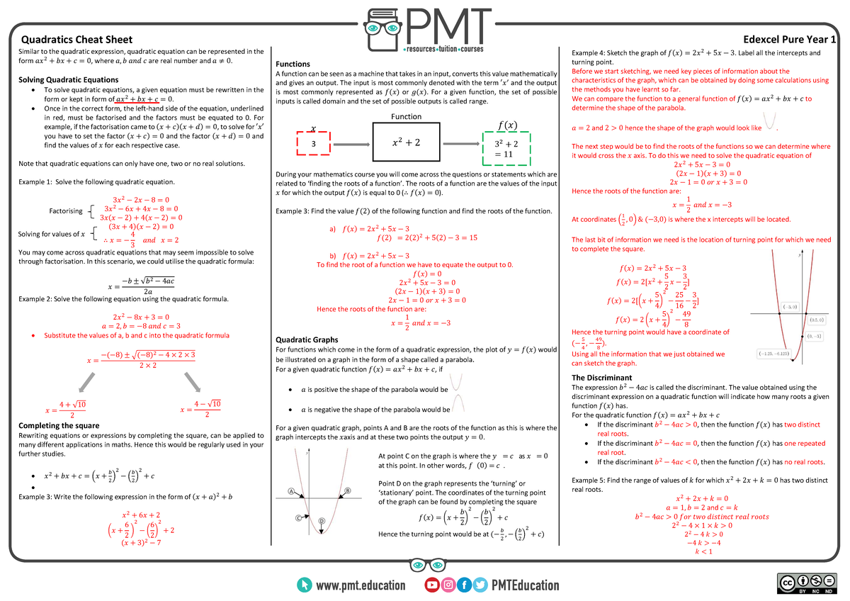Edexcel A-Level Maths Year 1 Quadratics Study Guide - Studocu