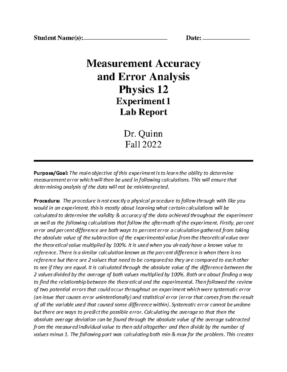 Experiment 1: Measurement Accuracy and Error Analysis - Student Name(s ...