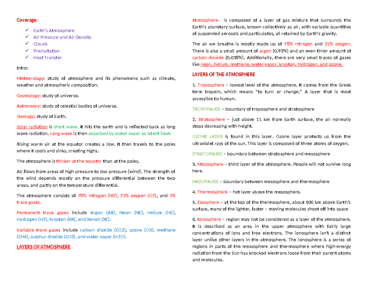 Atmosphere - notes - Coverage: Earth’s Atmosphere Air Pressure and Air ...