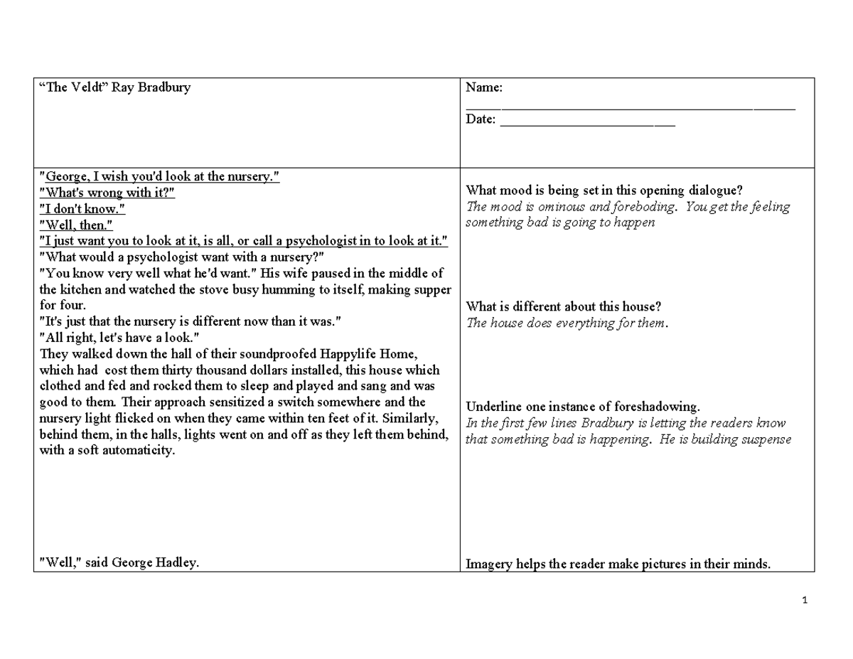 The Veldt (ENG 101) - Annotations and Analysis of Bradbury's Themes ...
