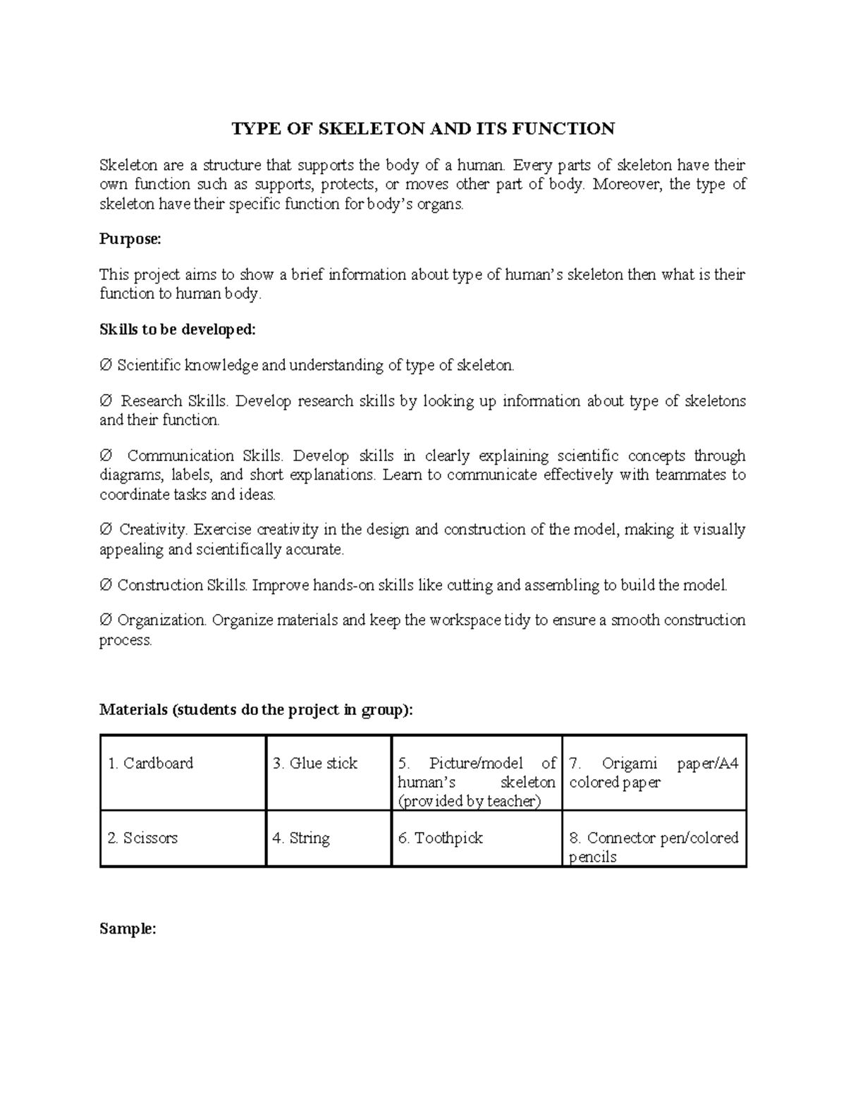 Proposal Project G4 - Types of Skeletons and Their Functions - Studocu