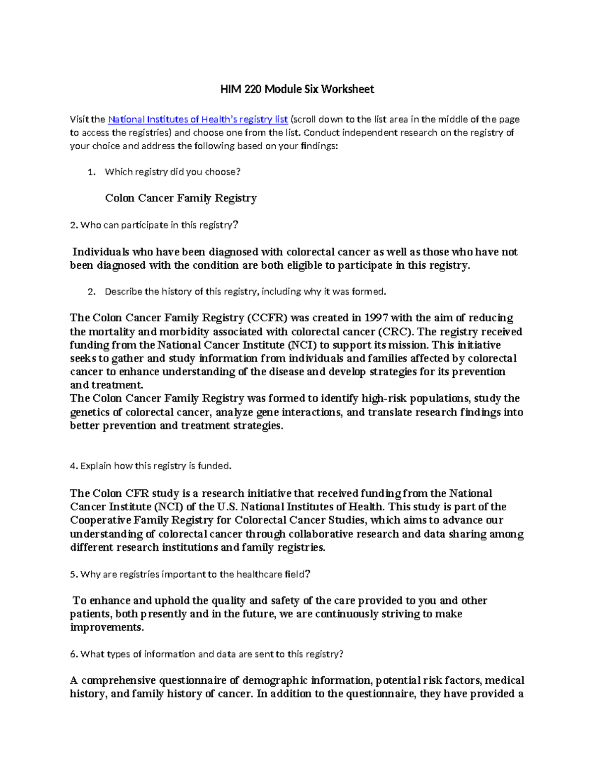 HIM 220 Module 6 Worksheet: Exploring the Colon Cancer Family Registry ...
