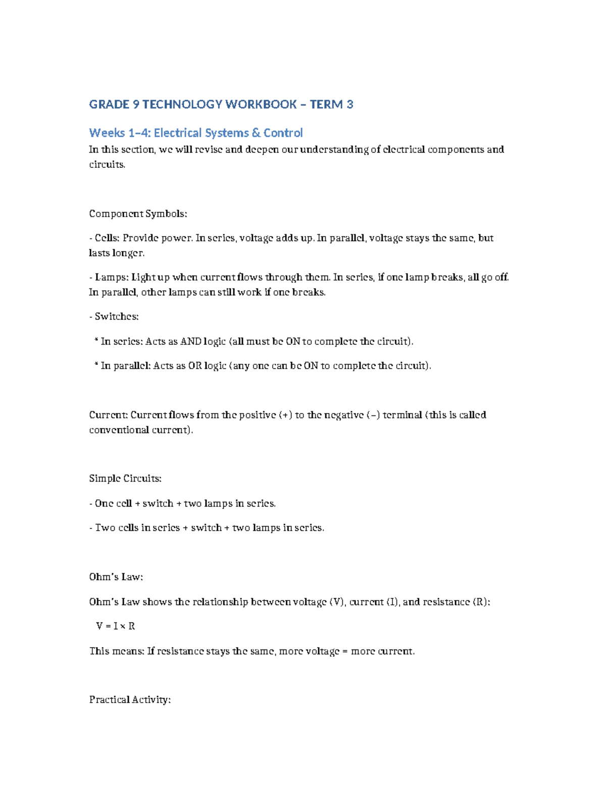 Grade 9 Technology Workbook Term 3: Electrical Systems & Activities - Studocu