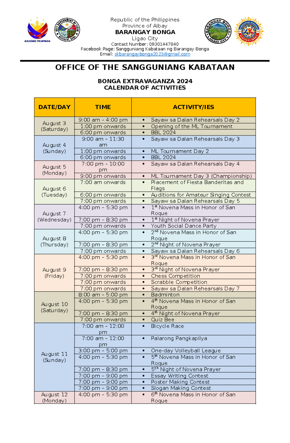 Calendar OF Activities - Republic of the Philippines Province of Albay ...