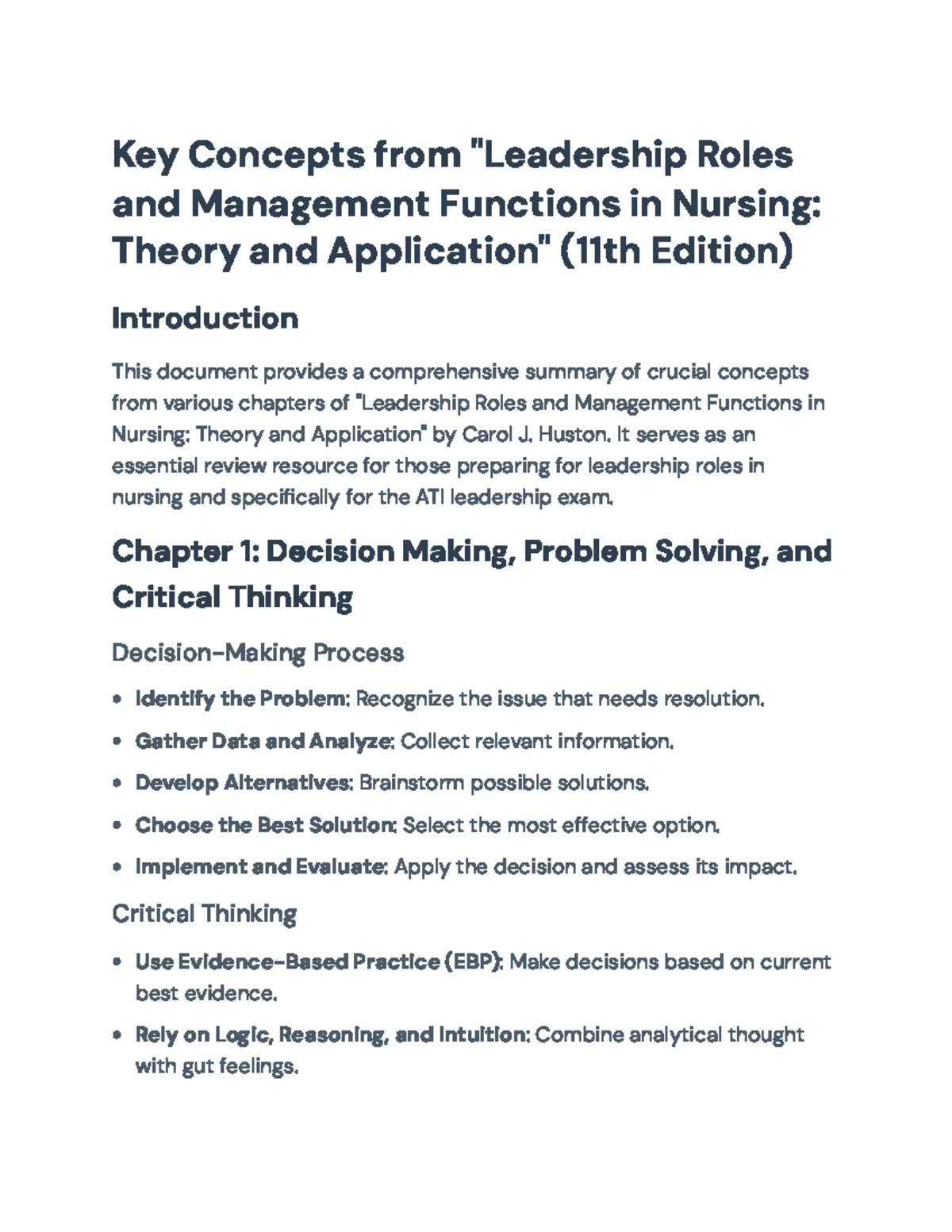 Key Concepts Summary for ATI Leadership Exam in Nursing (NUR 202) - Key ...