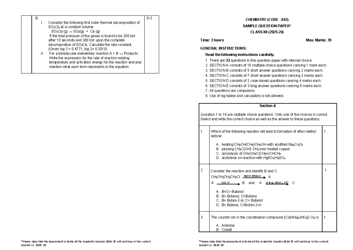 Chemistry (CODE 043) Class XII Sample Question Paper - Final Exam - Studocu