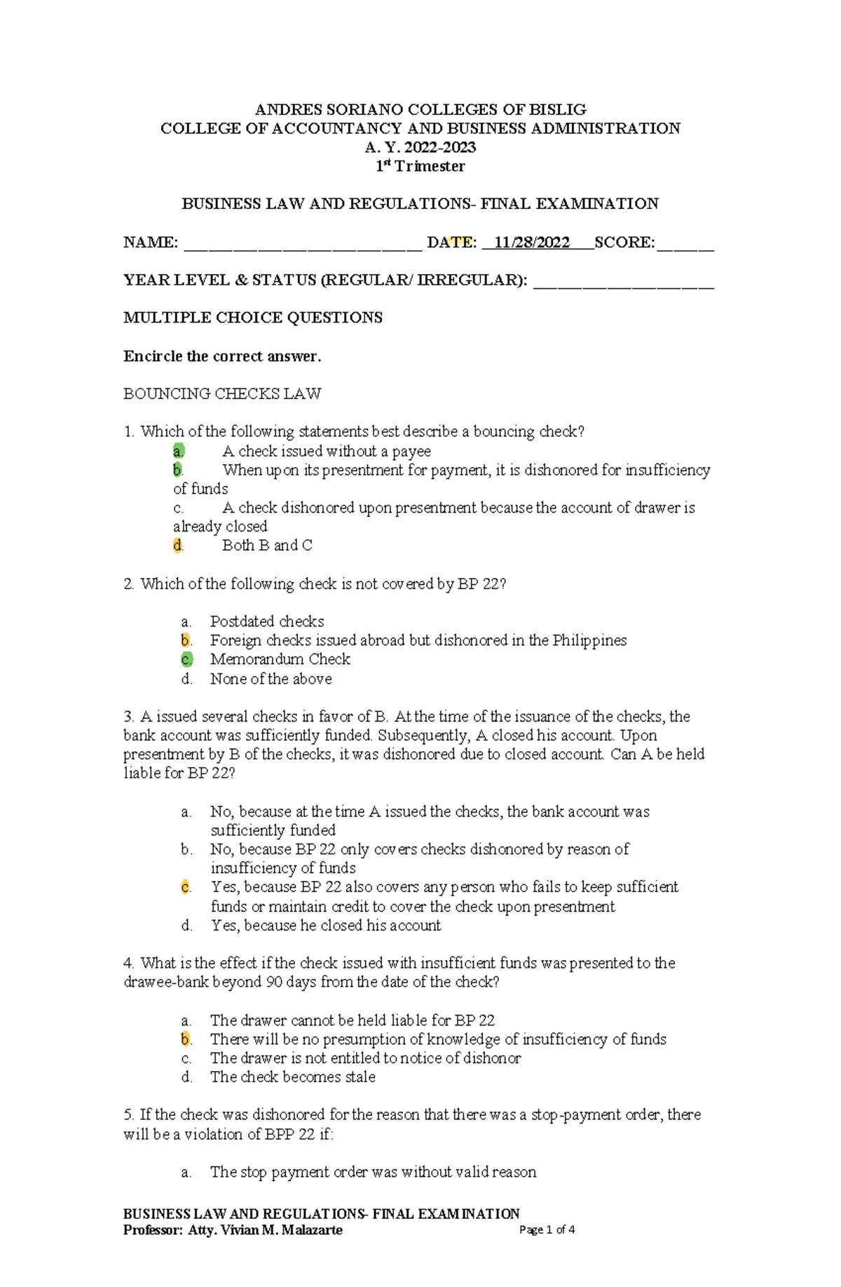 BUSINESS LAW (A.Y. 1st Trimester) FINAL EXAMINATION REVIEW NOTES - Studocu
