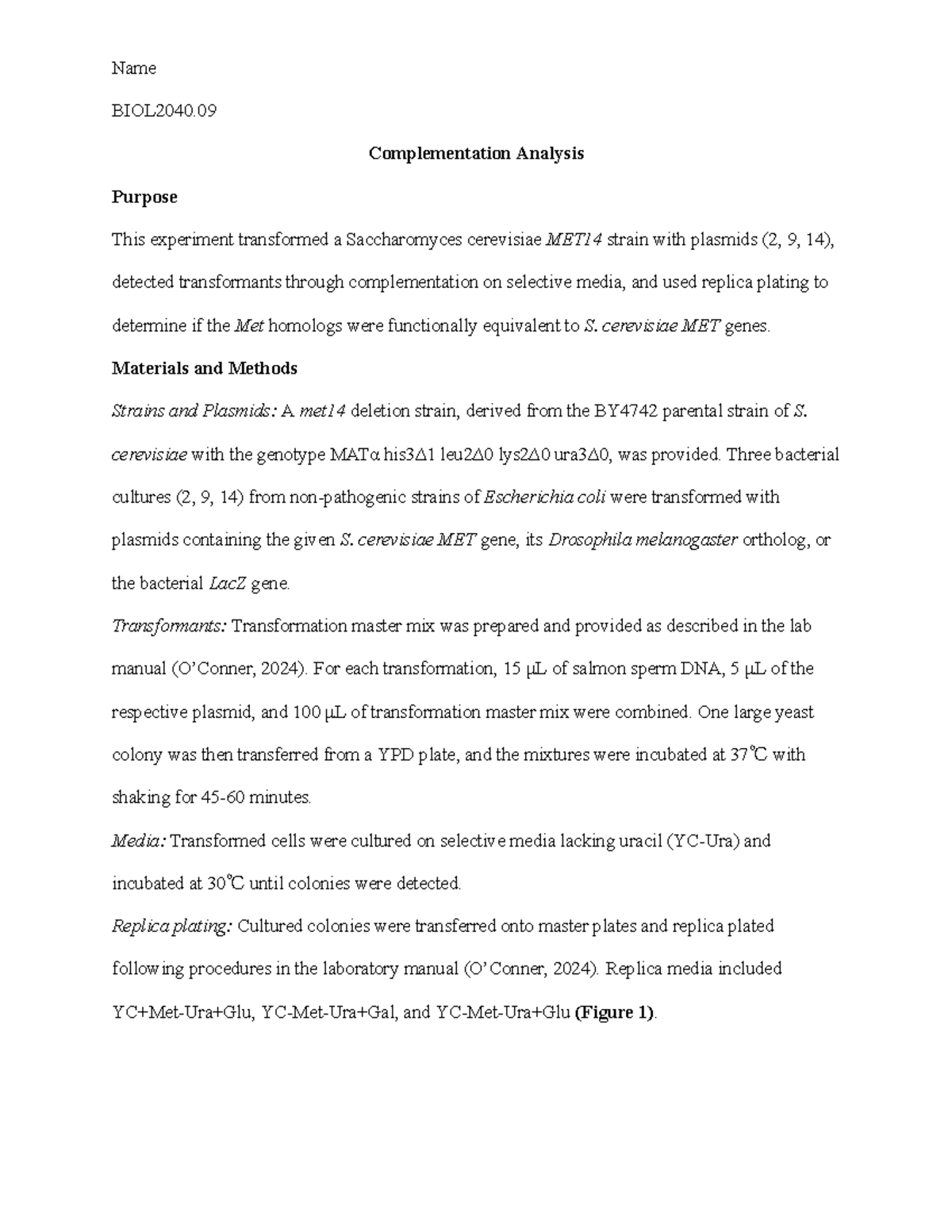 BIOL2040.09 Final Report on Complementation Analysis in S. cerevisiae ...