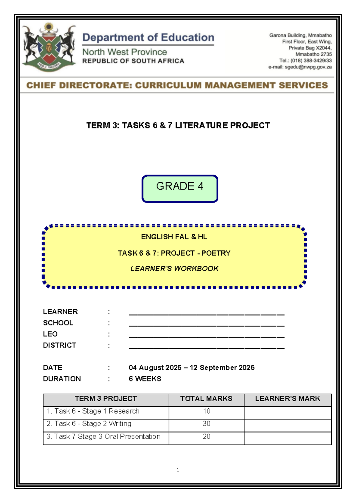 Grade 4 English FAL HL Term 3 Poetry Project Tasks 6 & 7 - Studocu