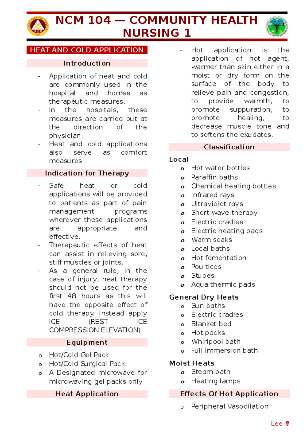 NCM 104 COMMUNITY HEALTH NURSING 1 - Heat and Cold Application Guide ...