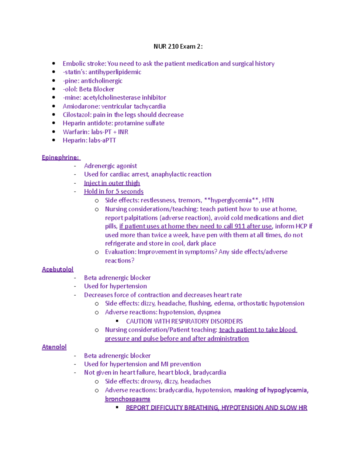 NUR 210 Exam 2 Study Notes: Key Medications & Nursing Considerations ...