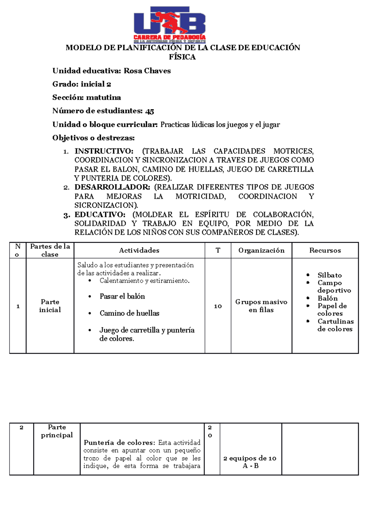Modelo DE Planificación DE LA Clase DE Educación Física - MODELO DE PLANIFICACIÓN DE LA CLASE DE ...