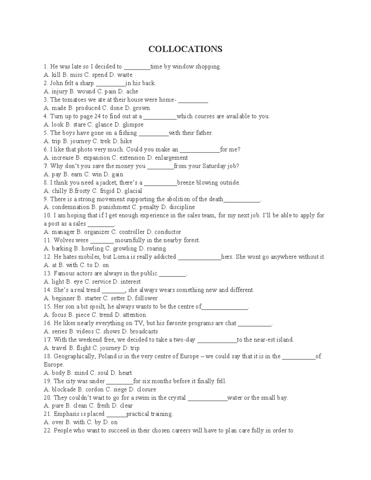 COLLOCATIONS - Practice Questions for ESL Students - Studocu