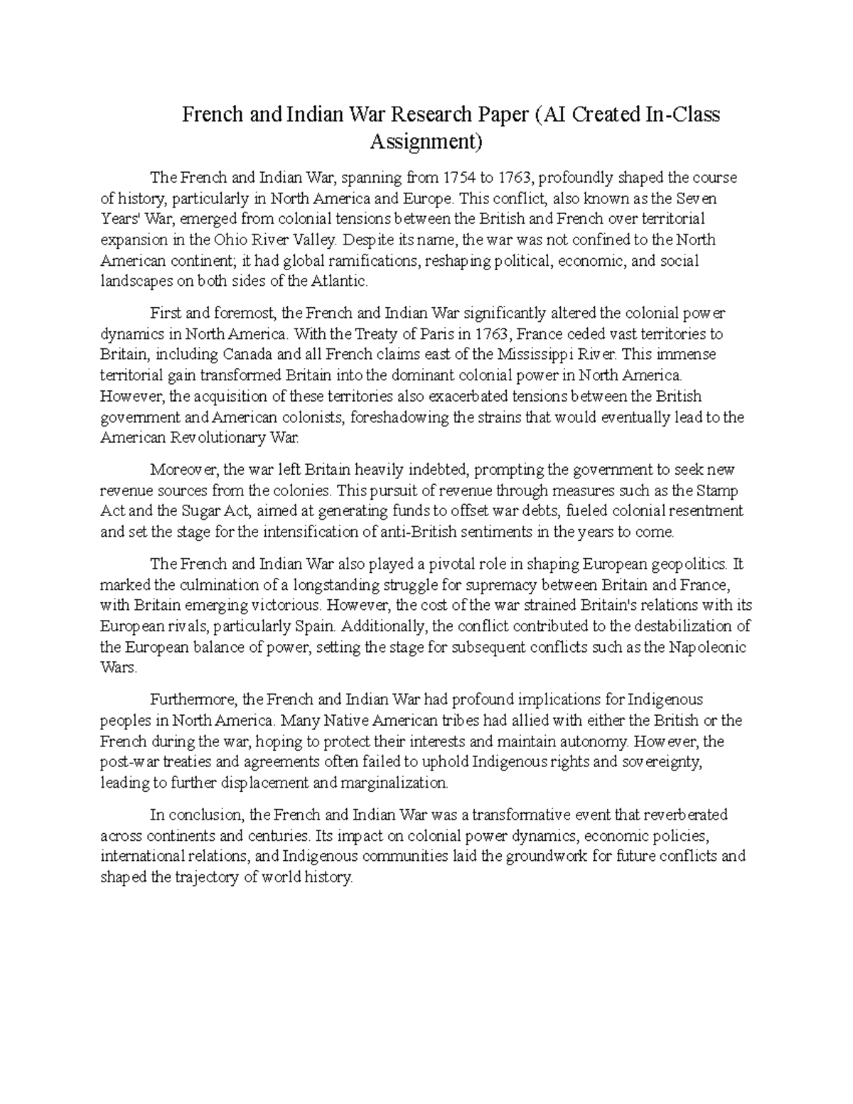 French and Indian War Research Paper (AI Assignment) Analysis - Studocu