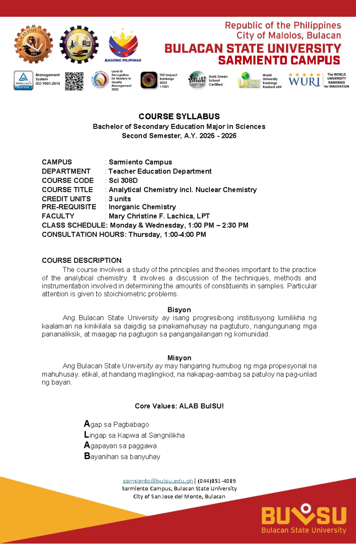 Analytical Chemistry Syllabus (Sci 308D) - BSEd Sciences 2nd Sem 2025 ...