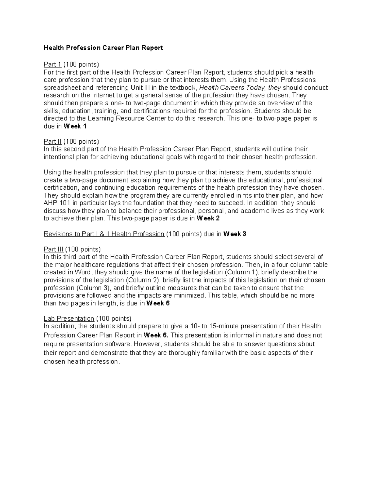 AHP101 Health Profession Career Plan Report Guide - Studocu