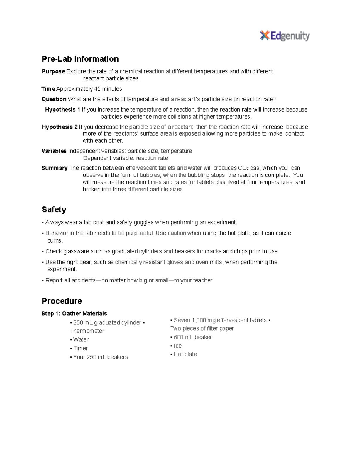Chemistry 101: Reaction Rate Lab Student Guide and Procedure - Studocu