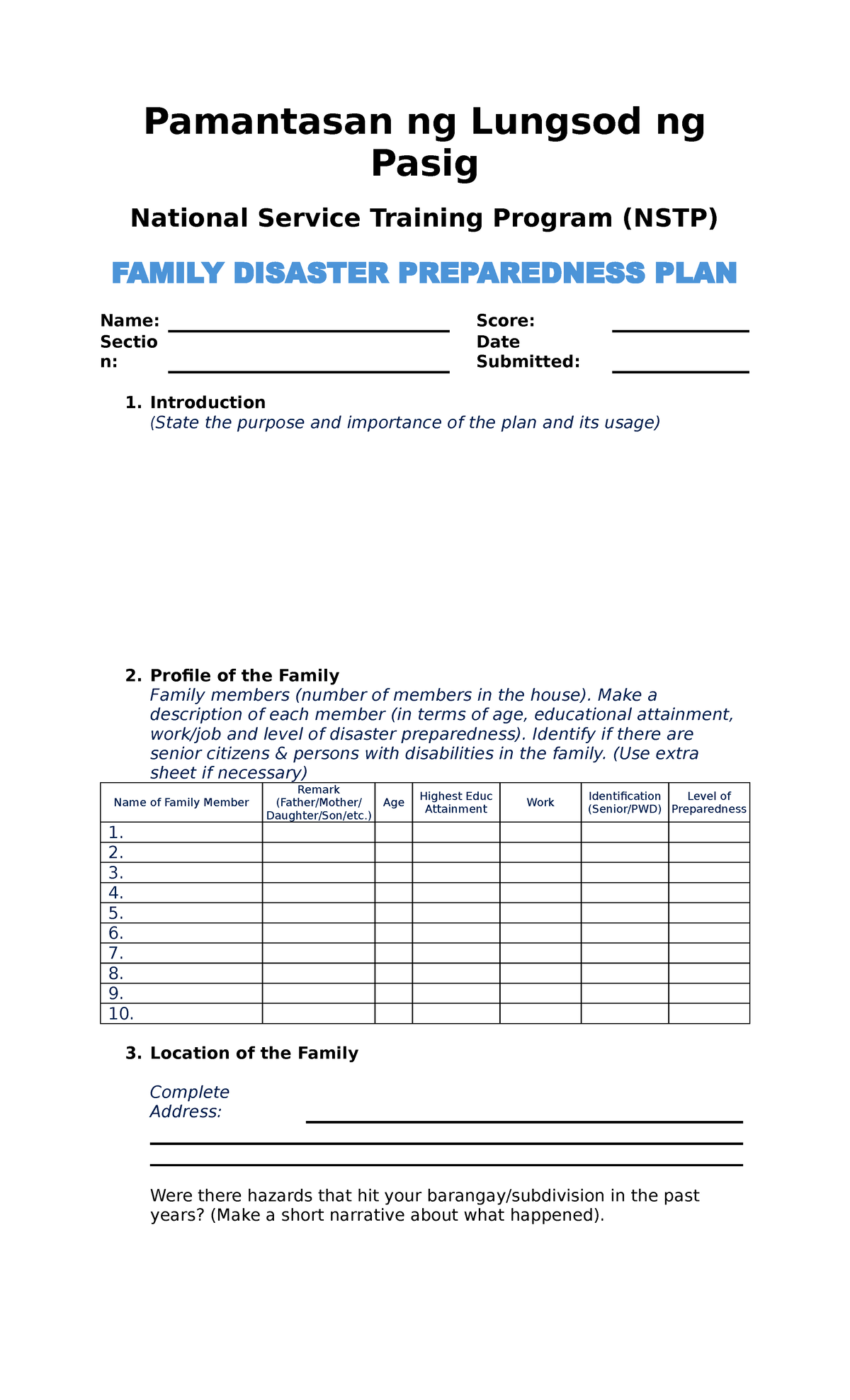 NSTP Family Disaster Preparedness Plan: A Comprehensive Guide - Studocu