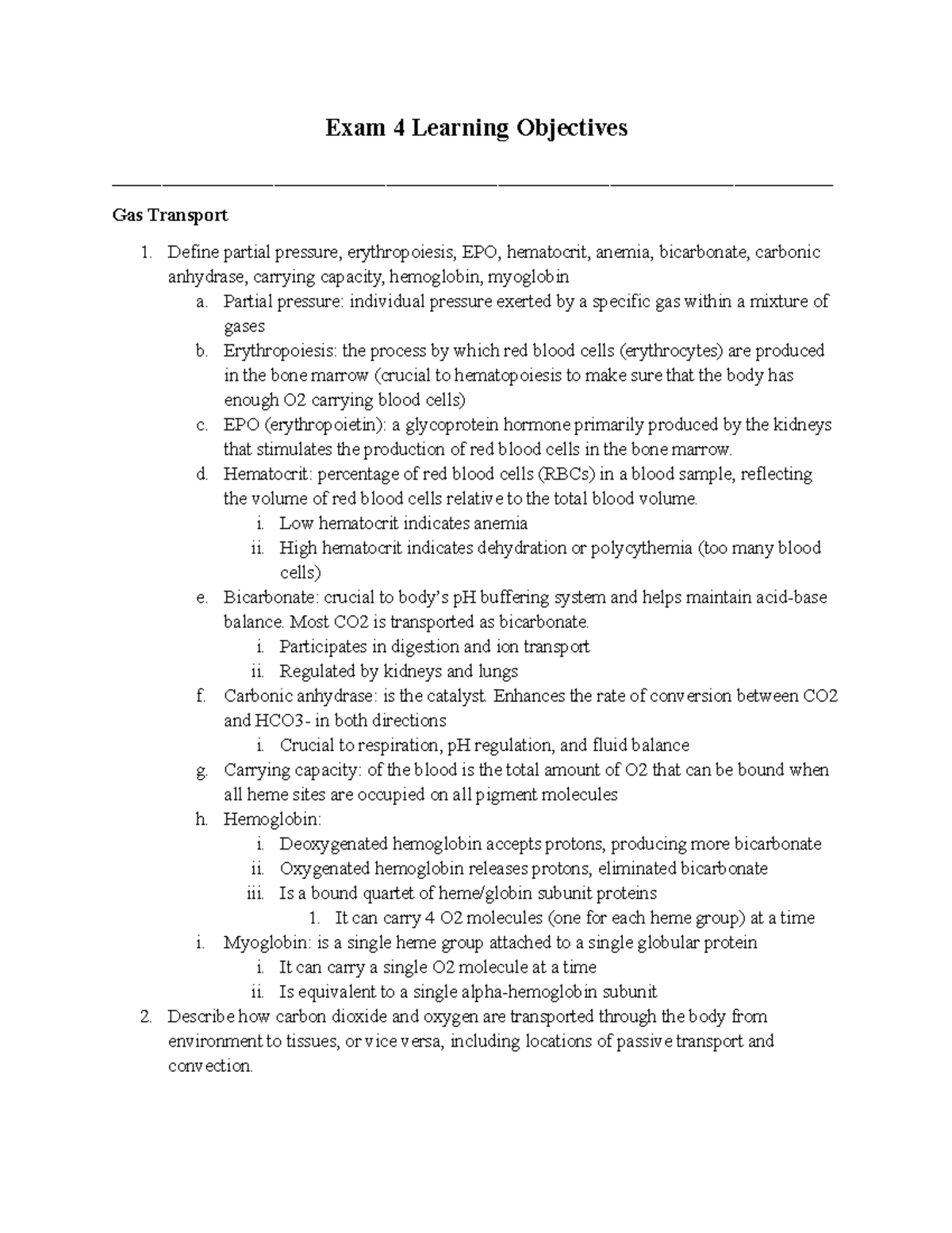 Physio Exam 4 Learning Objectives: Gas Transport and Circulation - Studocu
