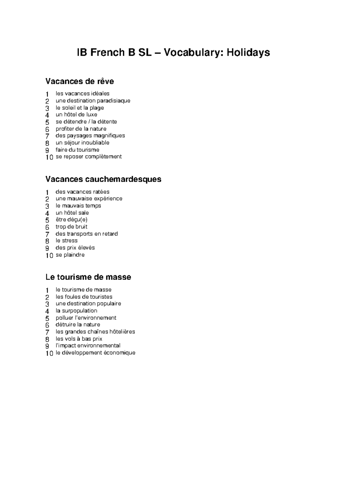 IB French B SL Vocabulary: Holidays and Tourism Terms - Studocu