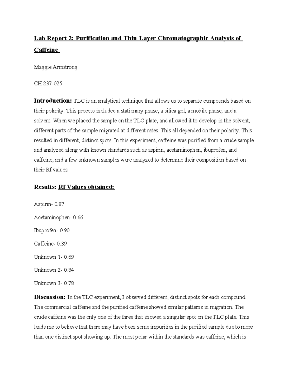 Lab Report 2: TLC Analysis and Purification of Caffeine - Studocu