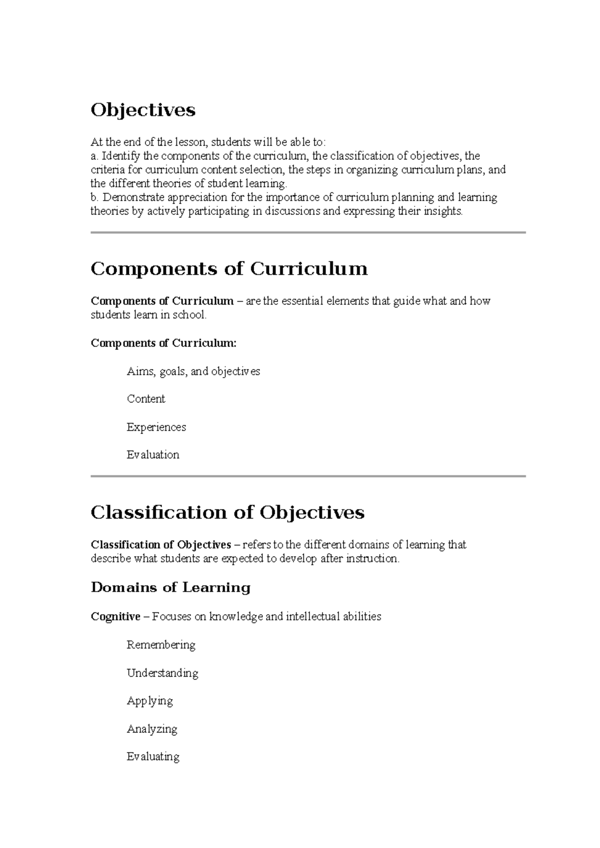 Curriculum Components and Planning: Key Objectives and Theories - Studocu