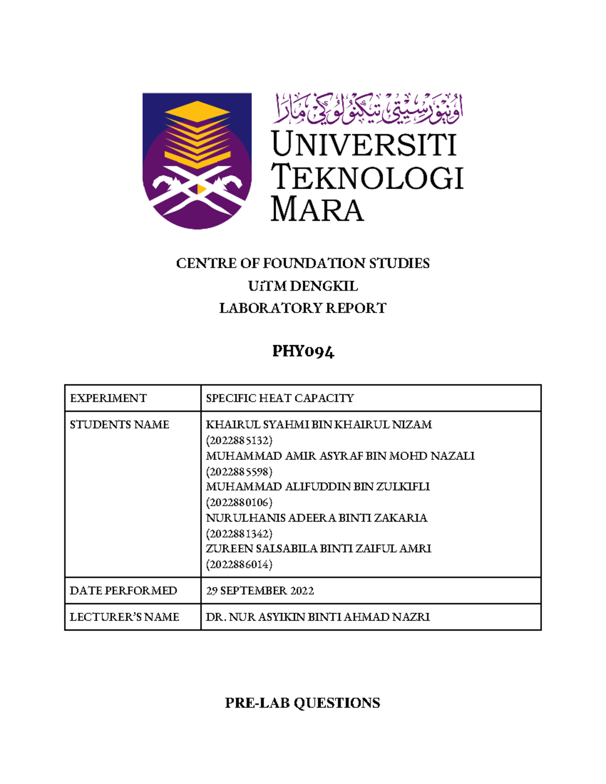 LAB Report Physics ( Specific HEAT Capacity) - CENTRE OF FOUNDATION STUDIES UiTM DENGKIL ...