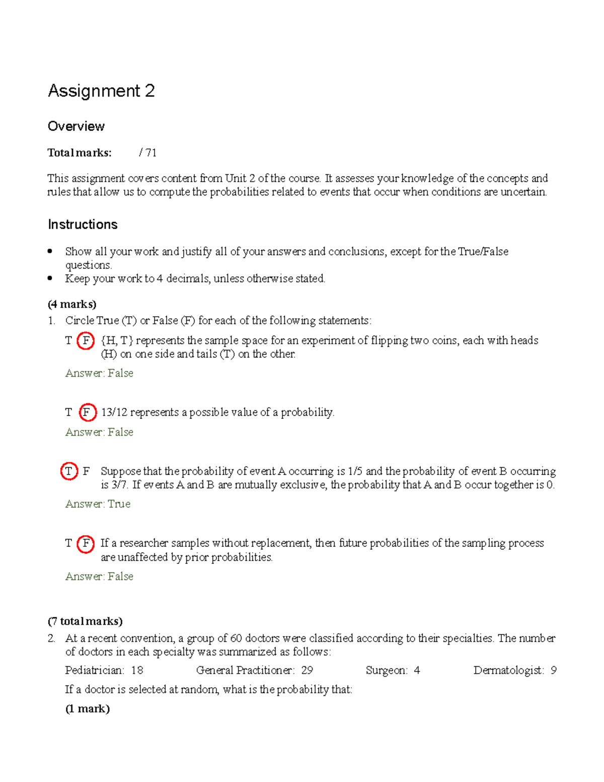 Assignment 02 - full answer - Assignment 2 Overview Total marks: / 71 This assignment covers ...