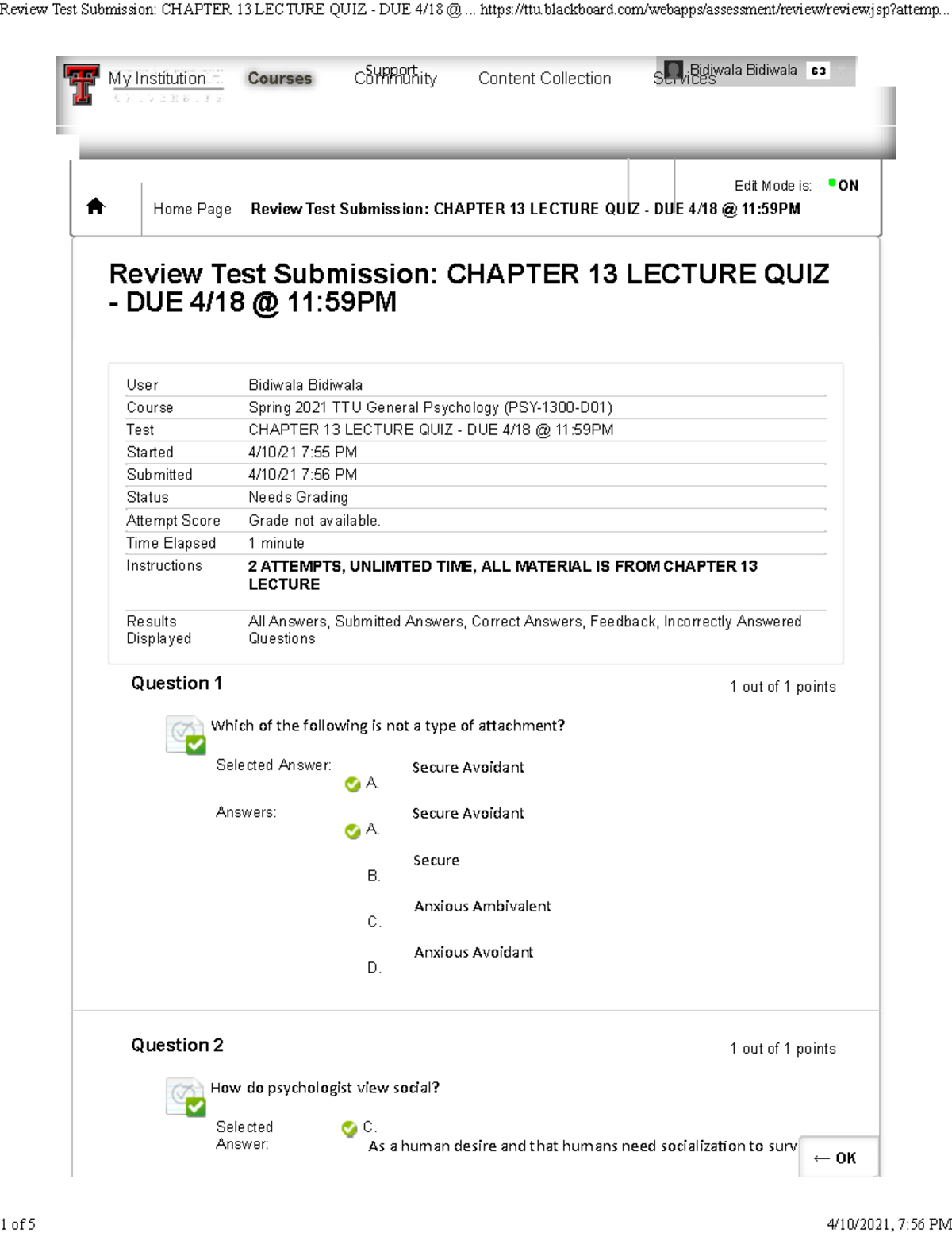 Chapter 13 Lecture QUIZ Answers (PSY-1300-D01) - Review Submission ...