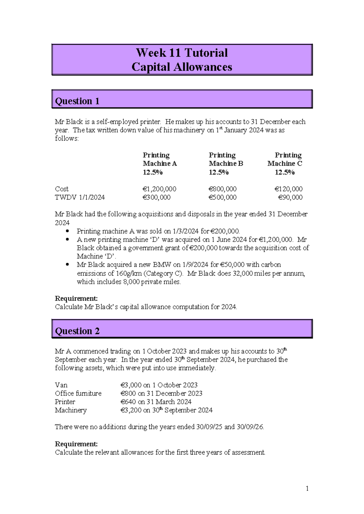 Week 11 Tutorial Questions Capital Allowances - Week 11 Tutorial ...