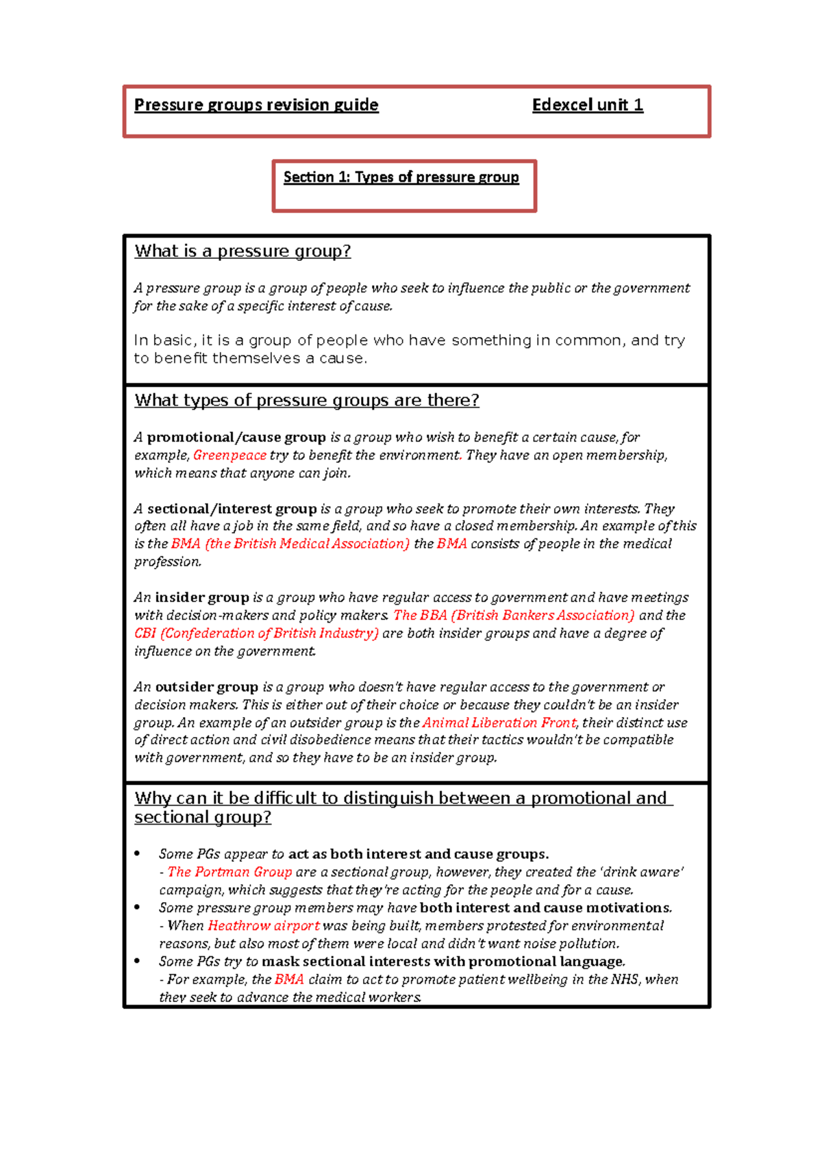 Edexcel Unit 1 Pressure Groups Revision Guide: Concepts & Functions ...
