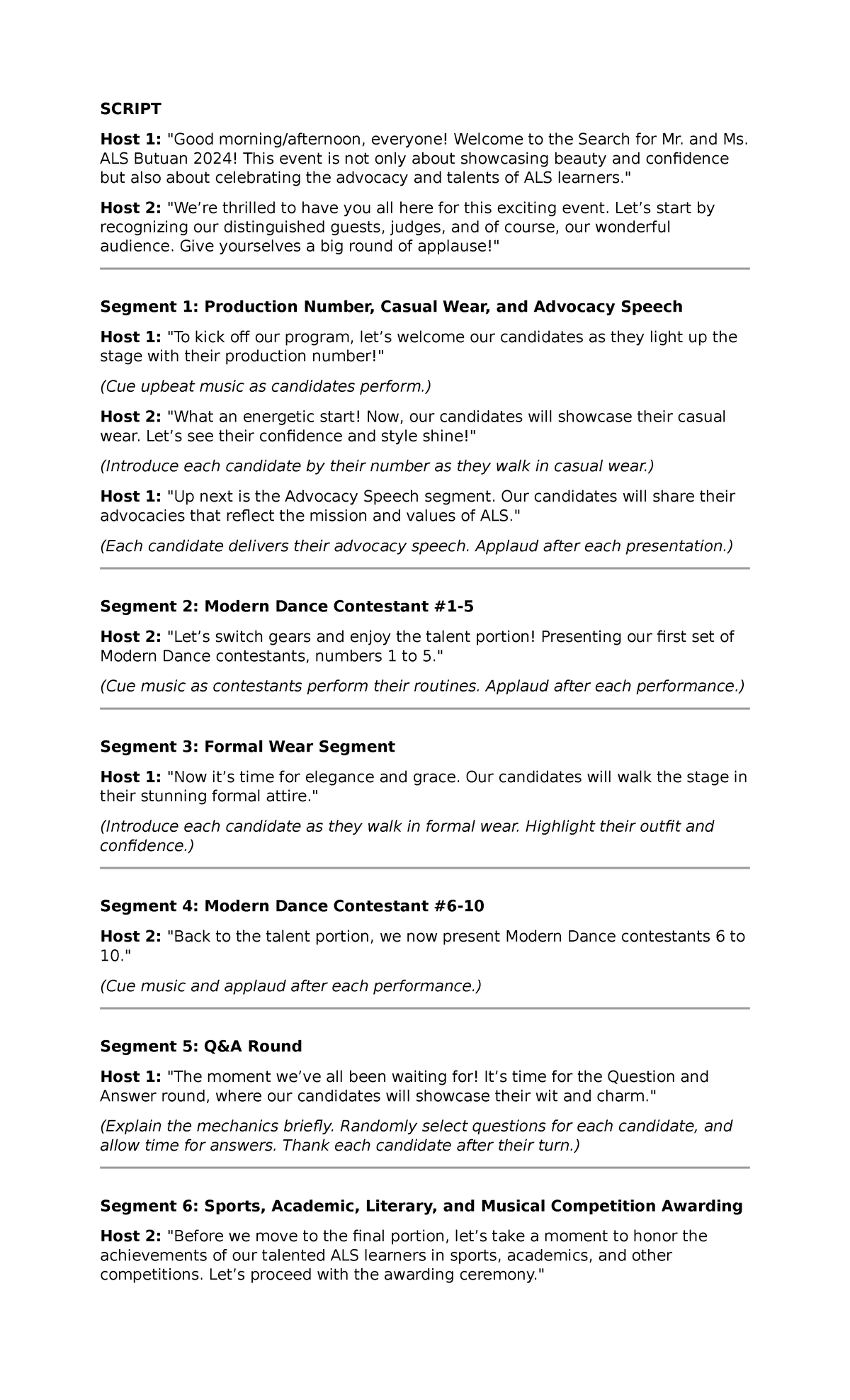 Event Script for Mr. and Ms. ALS Butuan 2024 - Studocu