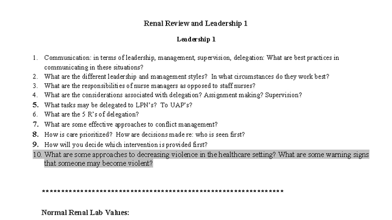 Renal Overview and Leadership Study Guide for Exam 1 - Studocu