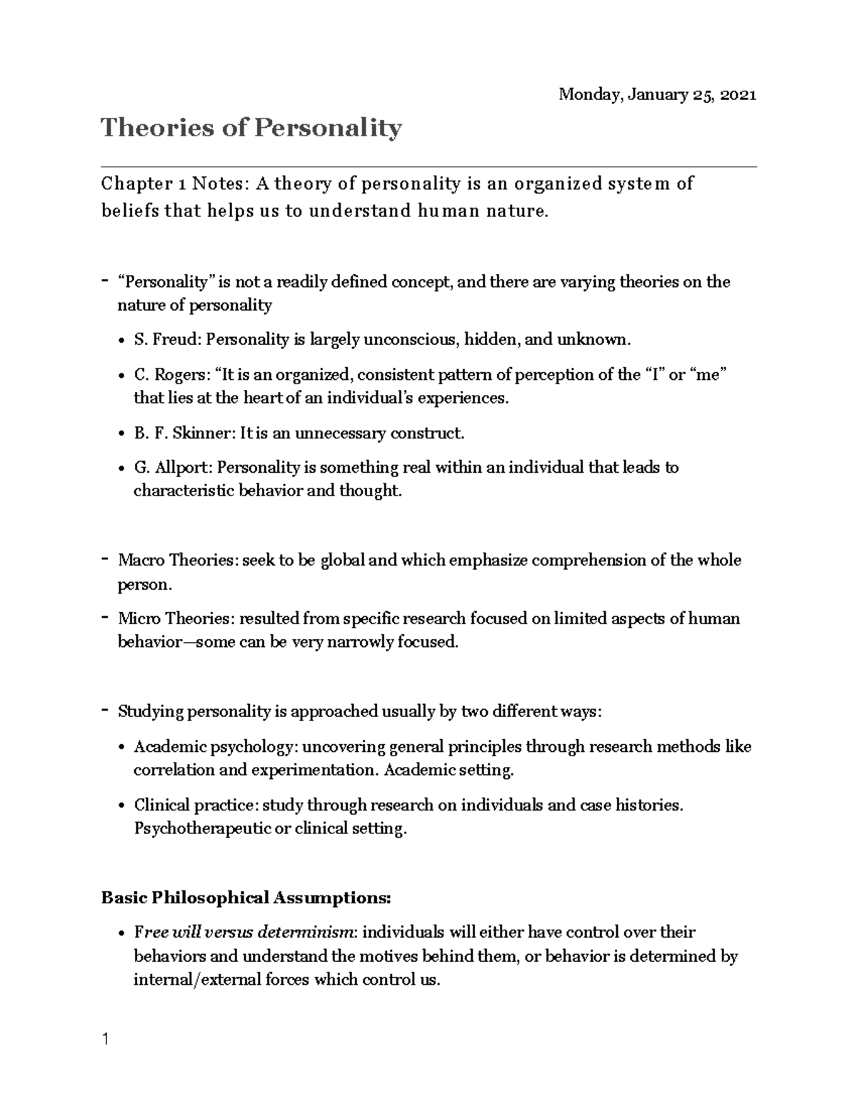 Theories of Personality Chapter 1 Notes - Introduction - Monday ...