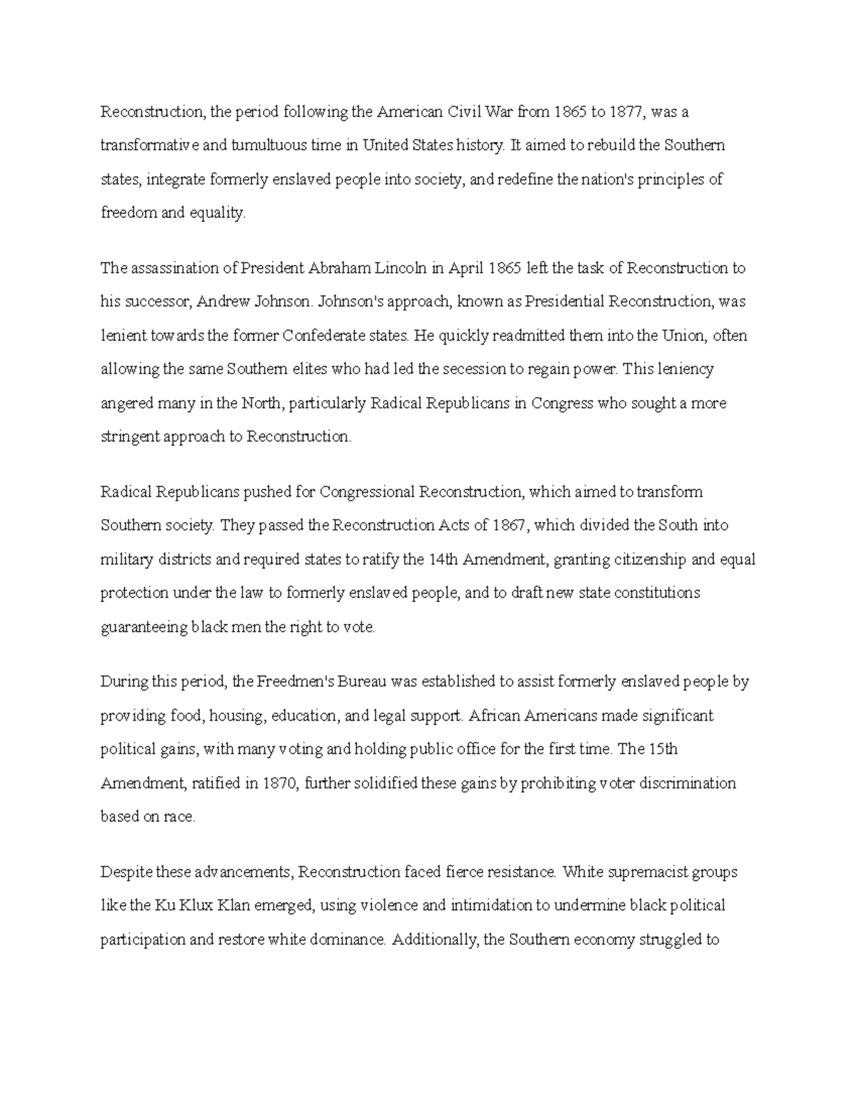 Week 9.5 Journal Assignment - Reconstruction, the period following the ...