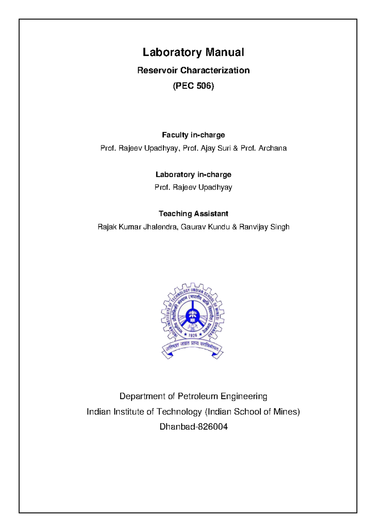 PEC 506 - Reservoir Simulation Lab: Practical Manual & Exercises - Studocu