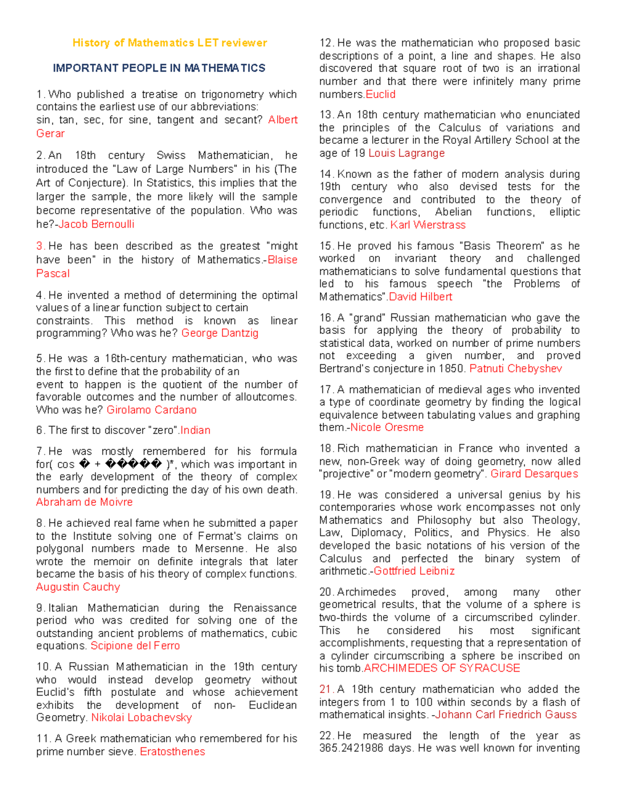 History of Mathematics LET Reviewer: Important Figures and Concepts ...