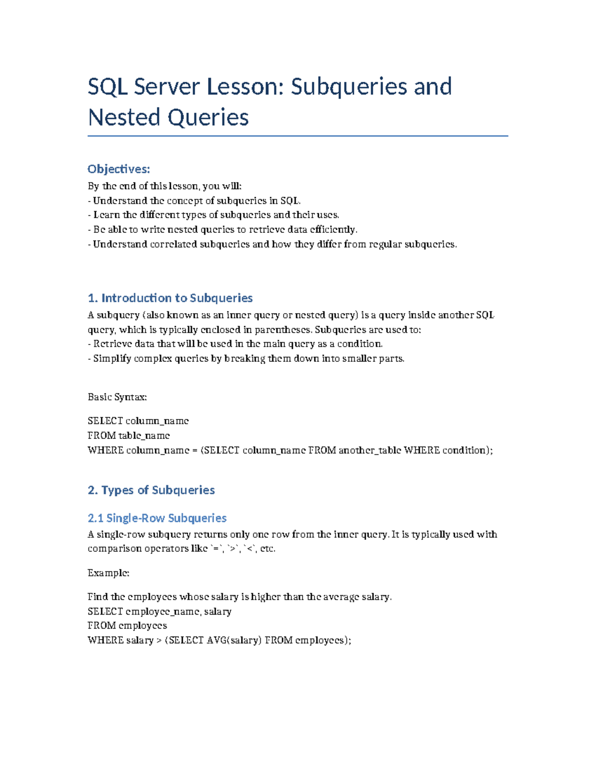 SQL Server Lesson Subqueries - Learn the different types of subqueries ...
