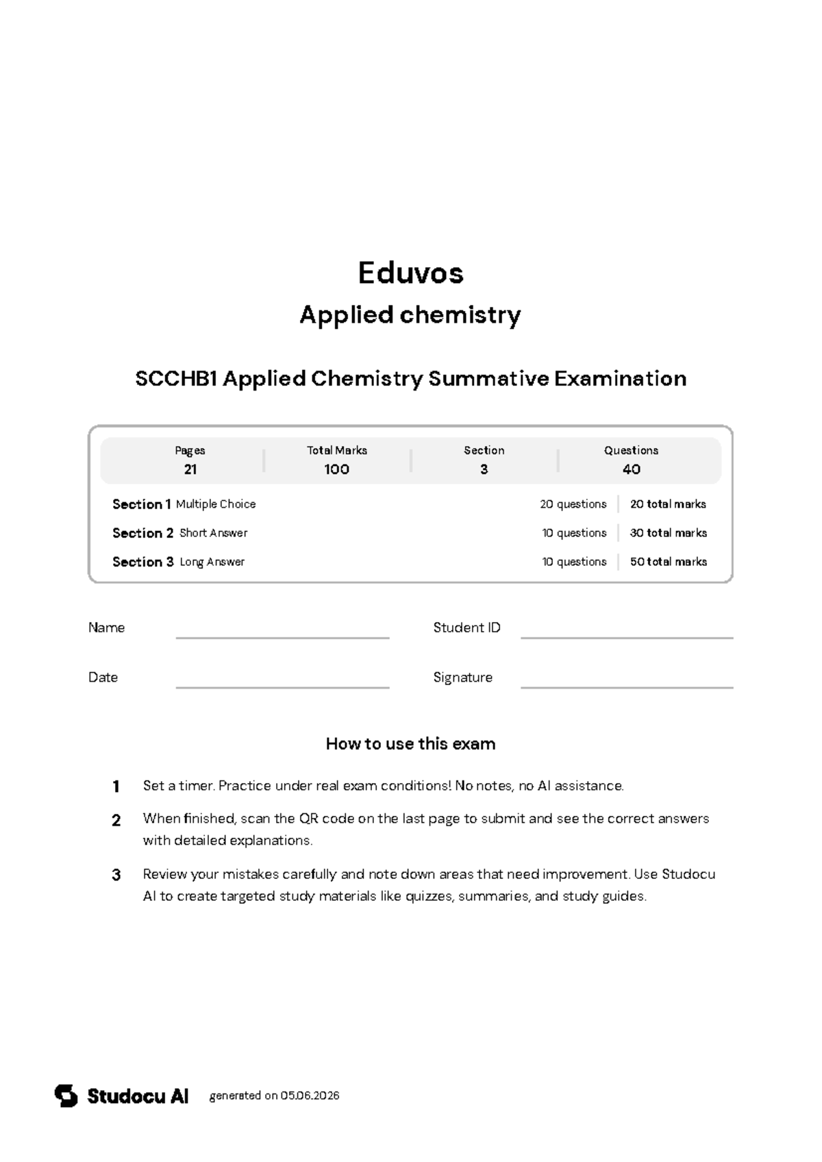 SCCHB1 Applied Chemistry Summative Examination - Studocu