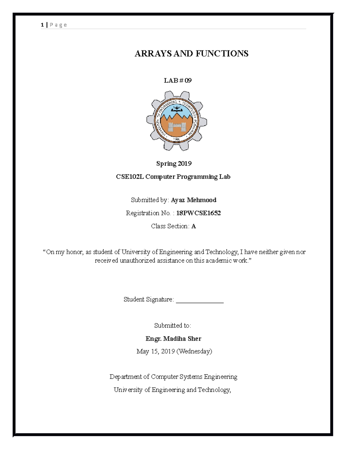 Lab 9 - Computer programming lab report - ARRAYS AND FUNCTIONS LAB # 09 ...