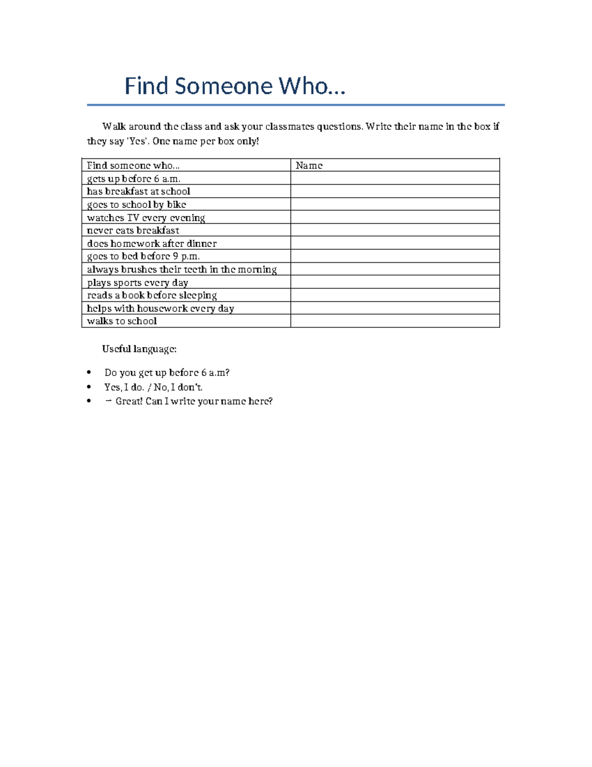 Find Someone Who: Daily Routine Activity for Class - Studocu