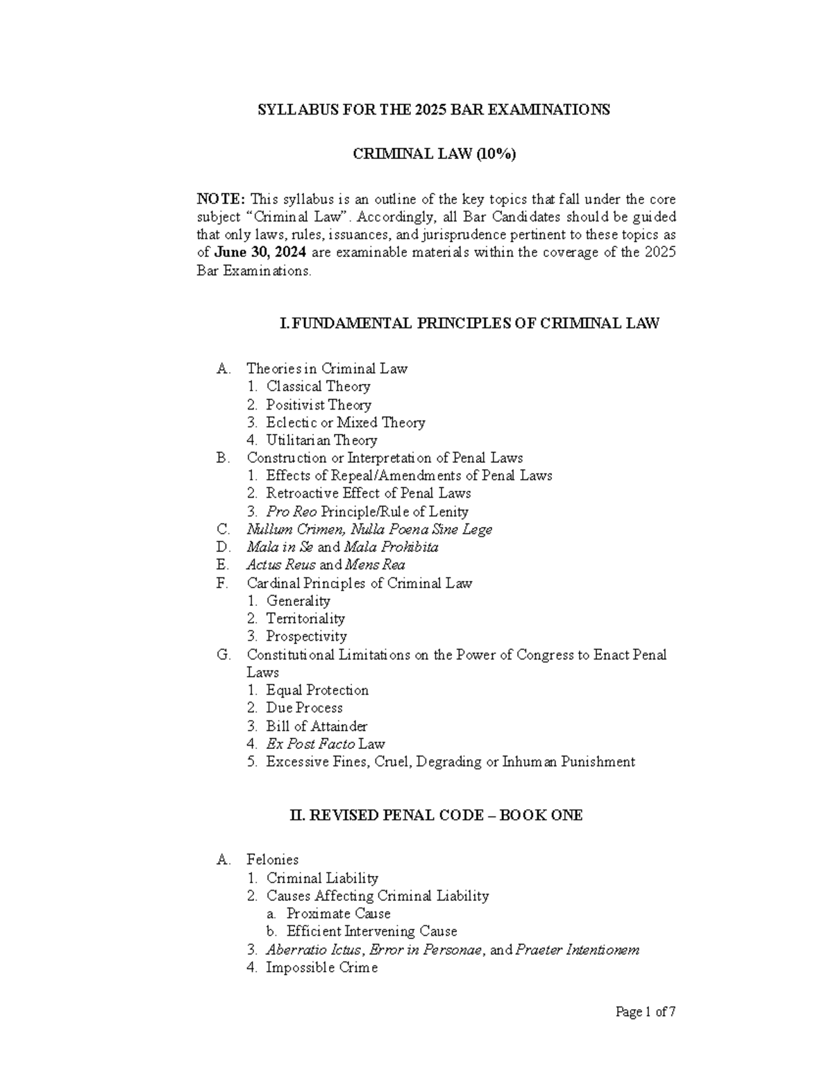SYLLABUS FOR 2025 BAR EXAM: CRIMINAL LAW OVERVIEW AND KEY TOPICS - Studocu